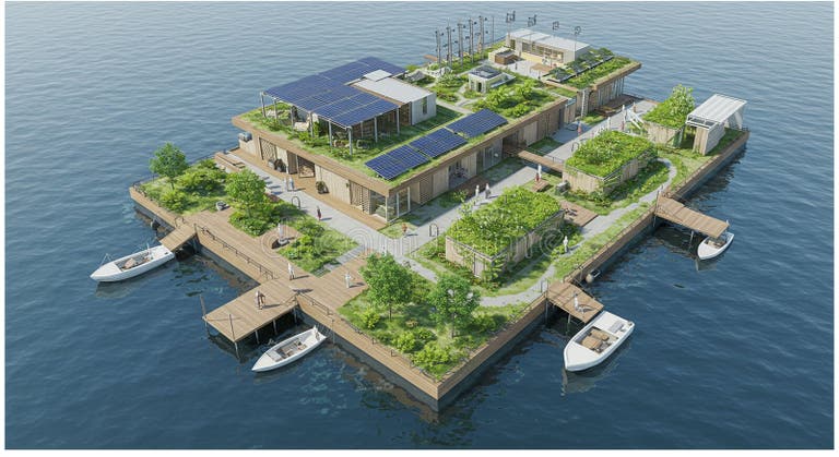 Floating Eco-friendly Island with Sustainable Features. Multiple Rectangular Structures Stock ...