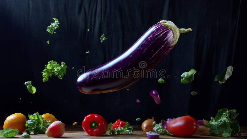 Floating Eggplant and Assorted Vegetables Still Life Stock Illustration ...