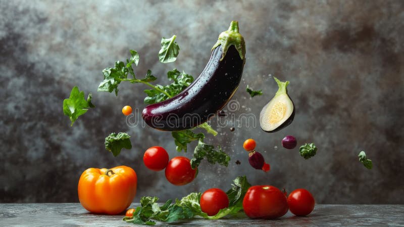 Floating Eggplant and Tomatoes Still Life Stock Illustration ...