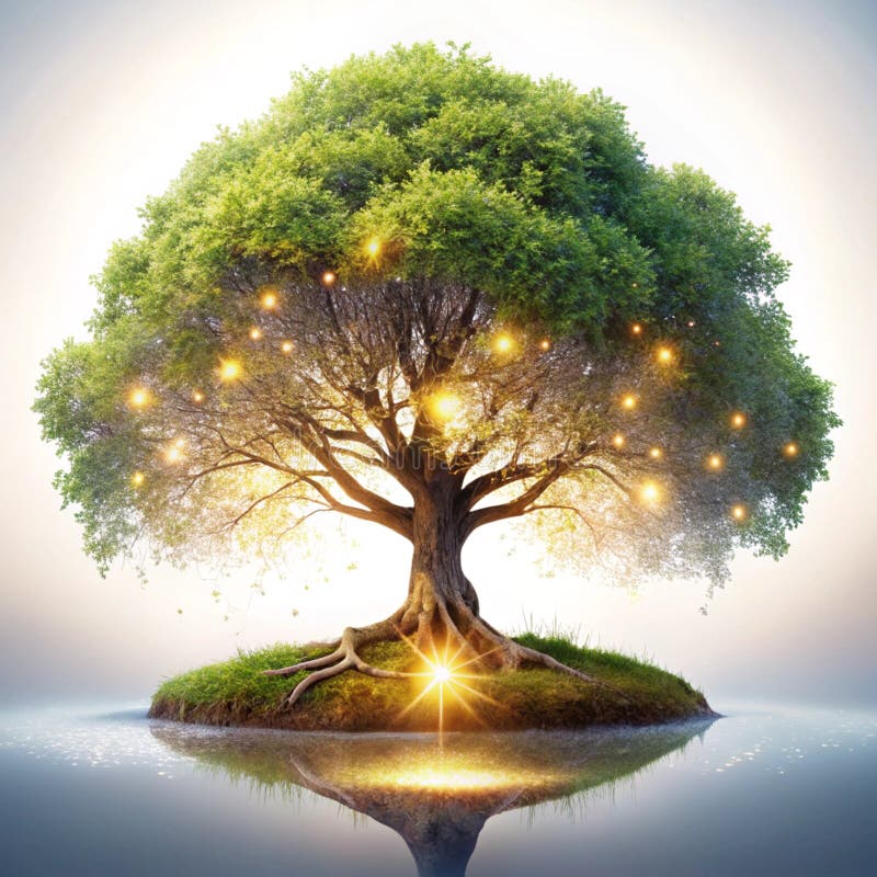 Floating Enchanted Tree with Glowing Branches Stock Illustration ...