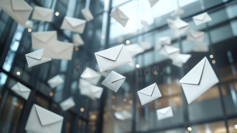 Floating Envelopes Against Modern Glass Building Stock Illustration ...