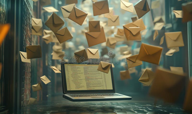 Floating Envelopes Around Laptop Displaying Code in a Digital ...