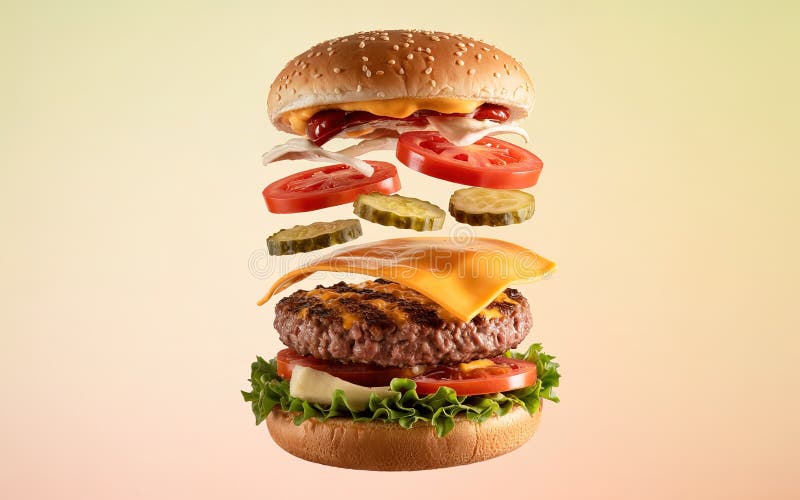 Floating Exploded Hamburger with Cheese, Tomato, Lettuce, Pickles on ...