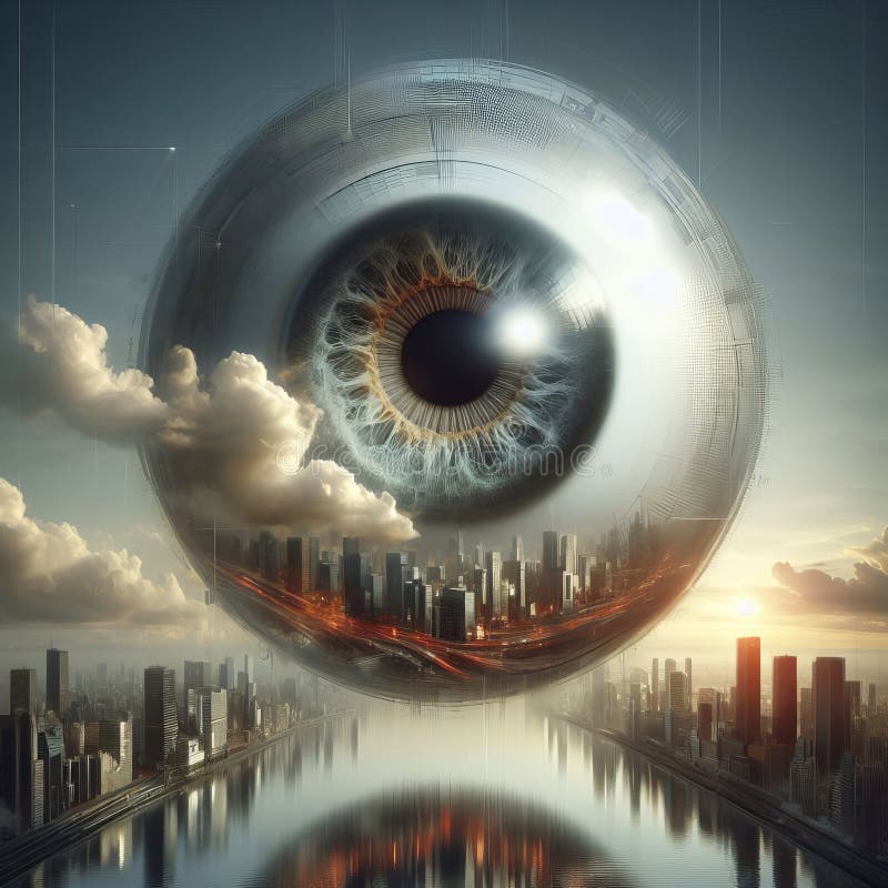 Floating Eye Over Modern Metropolis at Sunset Stock Photo - Image of ...