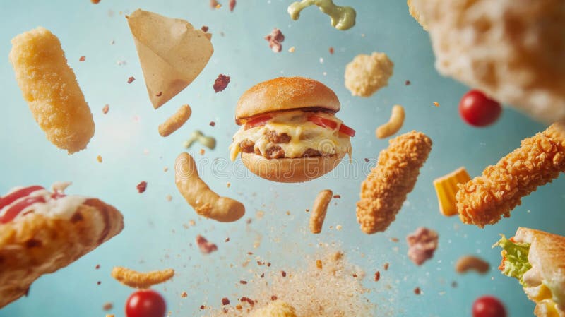 Floating Fast Food: Burger and Snacks on Light Blue Stock Illustration ...