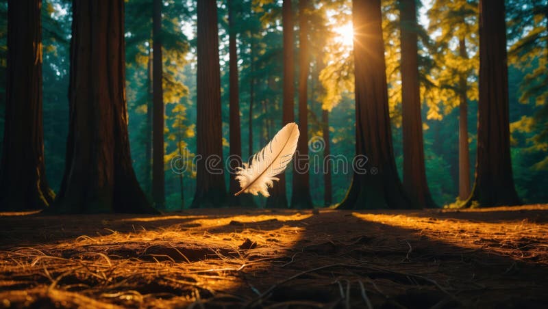 Magical White Feather Floating in Sunlit Forest Stock Illustration ...