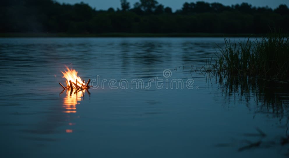 Floating Fire on Calm Water at Night Stock Illustration - Illustration ...