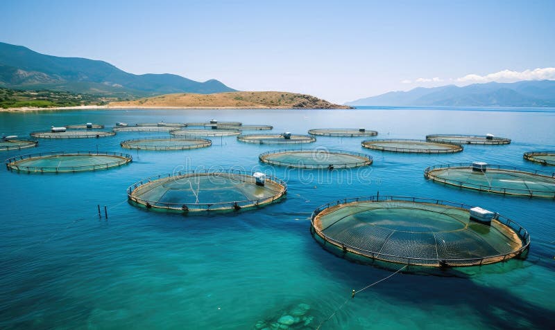Floating Fish Cages Amidst the Vast Expanse of the Ocean Stock ...