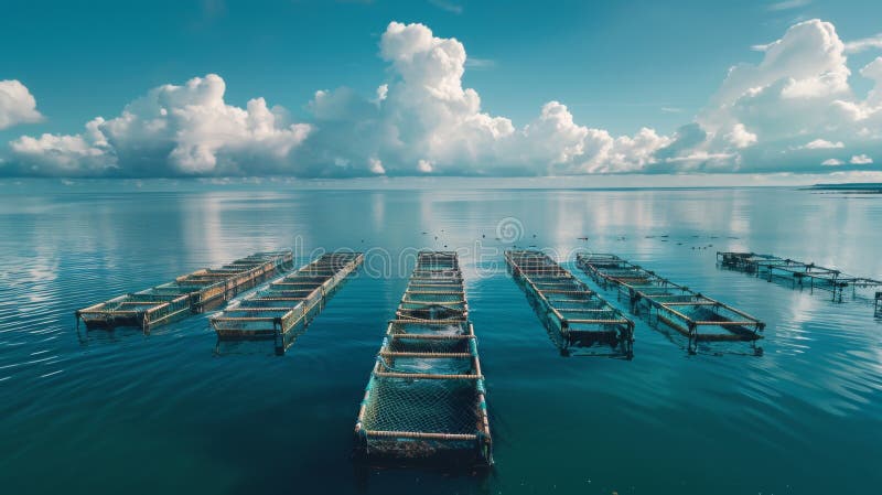 Floating Fish Farming Structures in Calm Water Under a Cloudy Sky ...