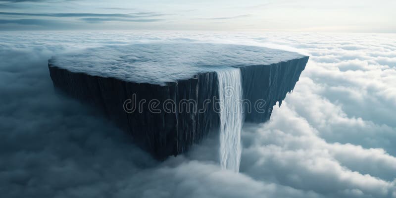 Floating Flat Earth with Waterfall in Clouds, Surreal Scene Stock ...