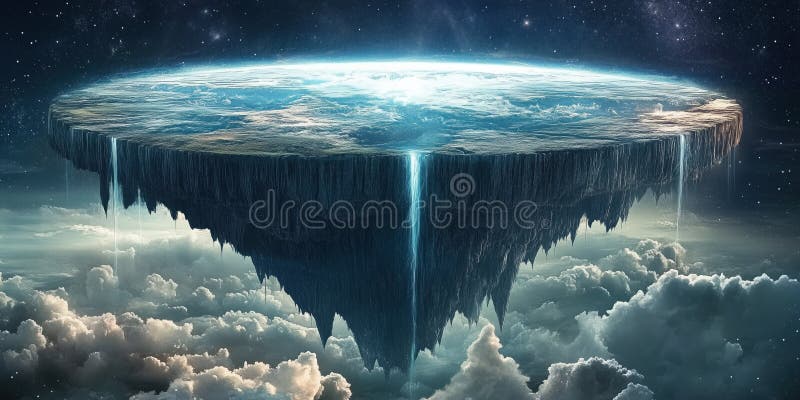 Floating Flat Earth with Waterfalls in Space, Surrounded by Clouds ...