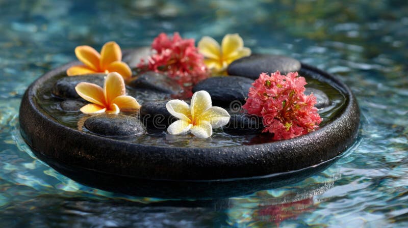 Floating Flowers and Stones in a Dark Bowl on Calm Water Stock ...