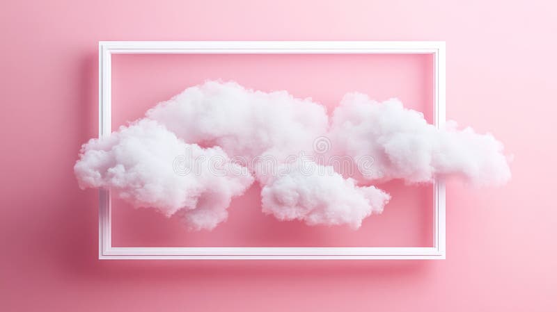 Floating Fluffy Clouds within a White Frame on a Pink Background Stock ...