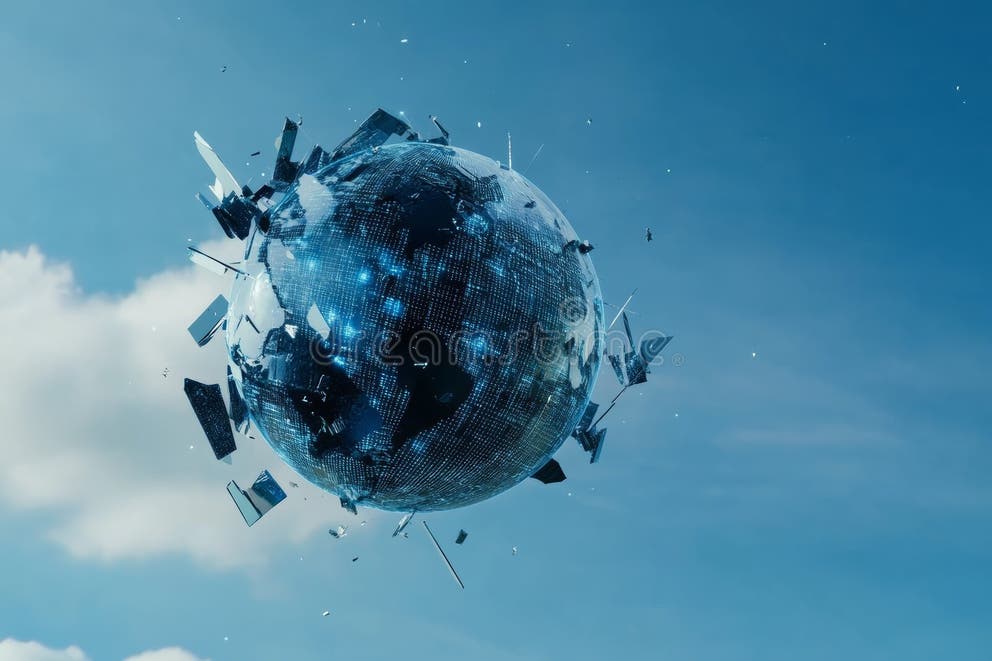 Floating Fragmented Globe Made of Data Lines in a Blue Sky with Cloud ...