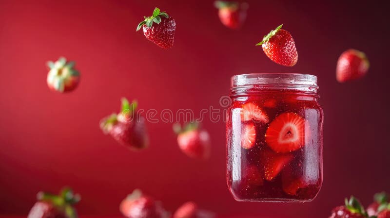 Floating Fresh Strawberries with Jar of Strawberry Jam Against Red ...
