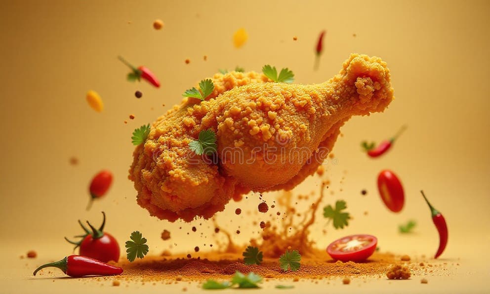 Floating Fried Chicken Exploding Ingredients Bright Colors Stock ...