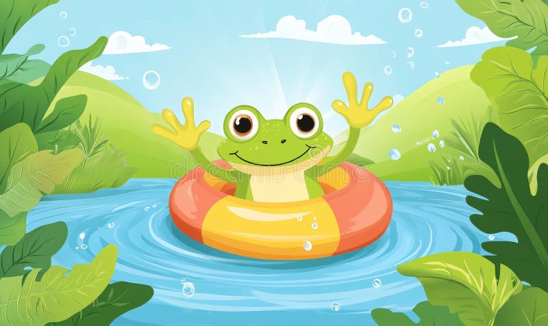 Floating Frog Cartoon on an Inflatable Circle Stock Photo - Image of ...