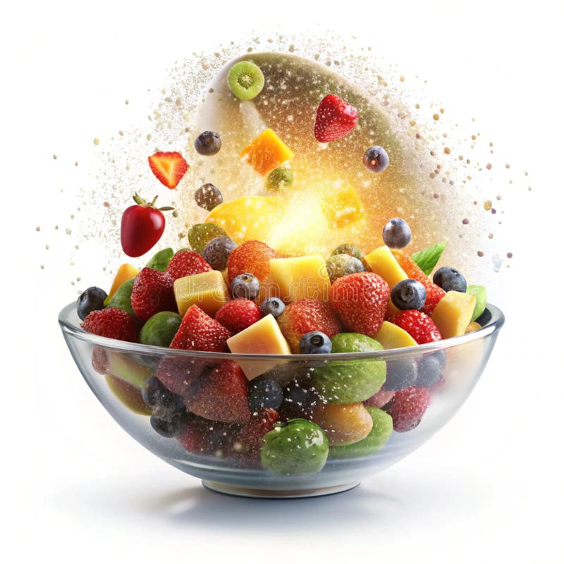 Floating Fruit Salad Bowl with Glowing Particles Stock Illustration ...