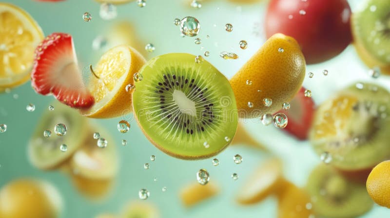 Floating Fruit Slices in Aqua Water with Bubbles Stock Illustration ...