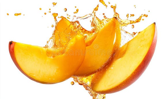 Floating Fruit Slices in Refreshing Mango Juice Waves are Isolated on a ...