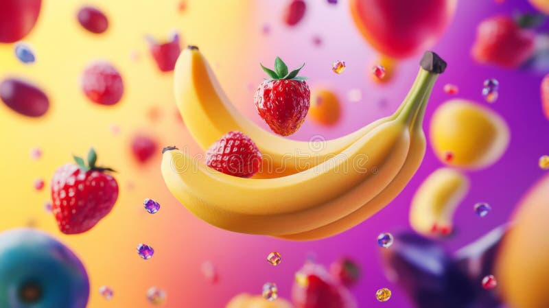 Floating Fruit: Vibrant Bananas Strawberries and Raspberries Stock ...