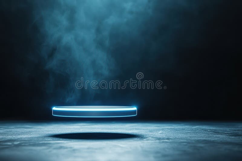 Floating Futuristic Platform with Glowing Edge and Smoke in Dark ...