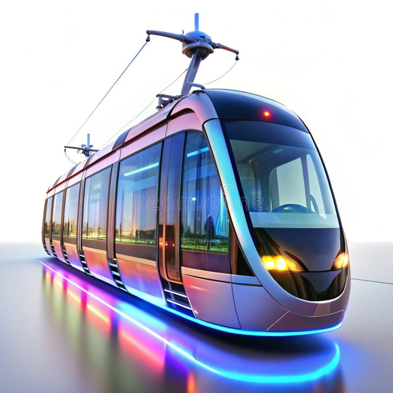 Floating Futuristic Tram with Glowing Windows and Lights Stock ...