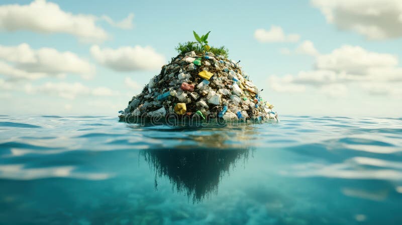 Floating Garbage Island in the Ocean with Sprouting Plants Stock Photo ...