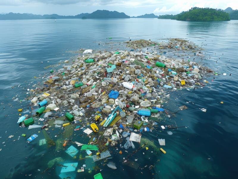 Floating Garbage Patch in a Serene Ocean Surrounded by Mountains Stock ...