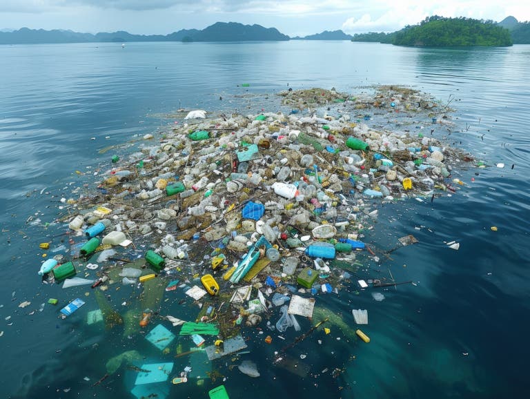 Floating Garbage Patch in a Serene Ocean Surrounded by Mountains Stock ...