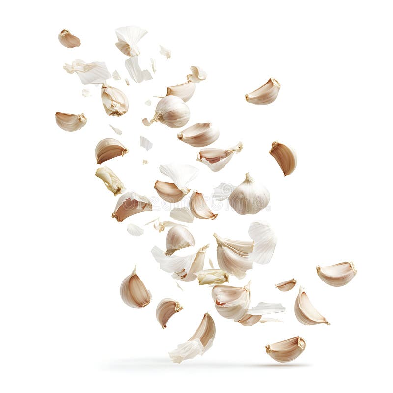 Floating Garlic Cloves Captured in Motion on White Background Stock ...