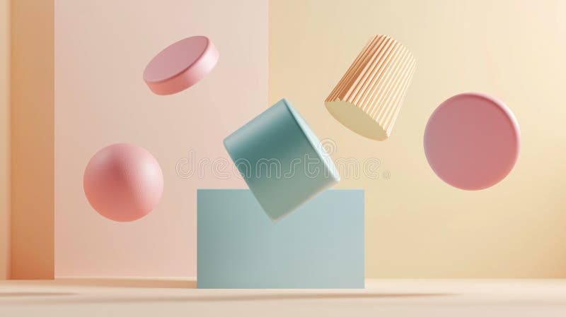 Floating Geometric Objects in 3D Space with Pastel Backdrop and Minimalist Aesthetic, Generative ...