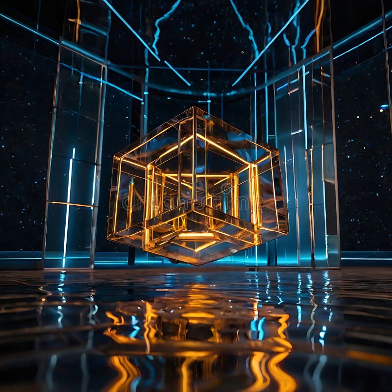 Floating Geometric Shapes with Glowing Light Trails Stock Illustration ...