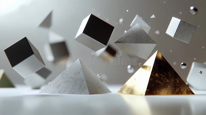 Geometric Shapes Including Pyramids and Cubes in Mid-air Against a ...