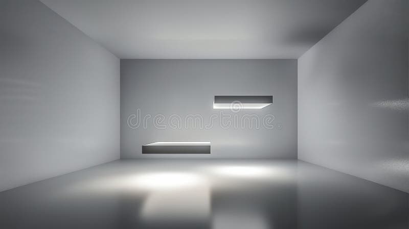 Floating Geometric Shapes in Minimalist Space Modern Art Installation ...