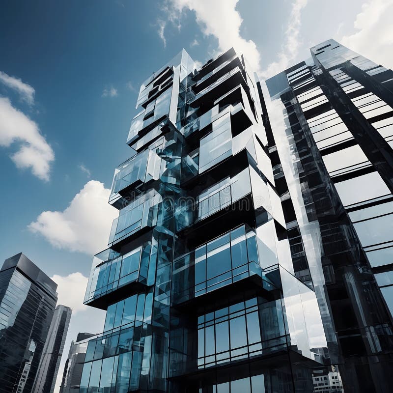 Floating Geometric Skyscraper with Translucent Surfaces and Futuristic ...