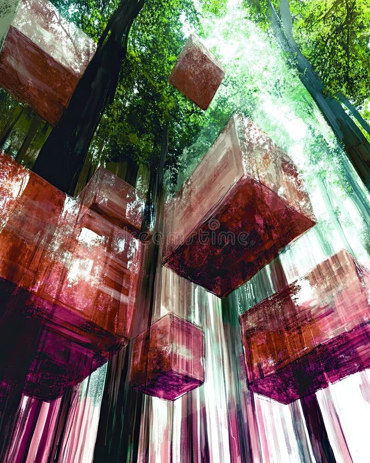 Floating Geometrical Shapes in a Lush Forest Create a Surreal ...