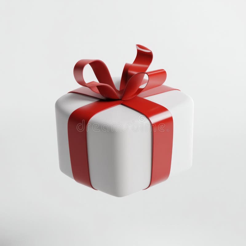 Floating Gift Box with Red Ribbon and Bow on Minimalist White ...