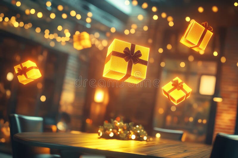 Floating Gift Boxes in Warm Festive Setting with Cozy Lights and ...