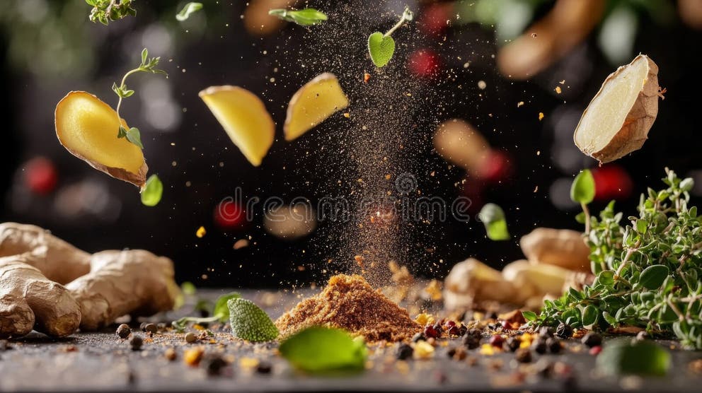 Floating Ginger and Herbs with Spices on Dark Background Stock ...