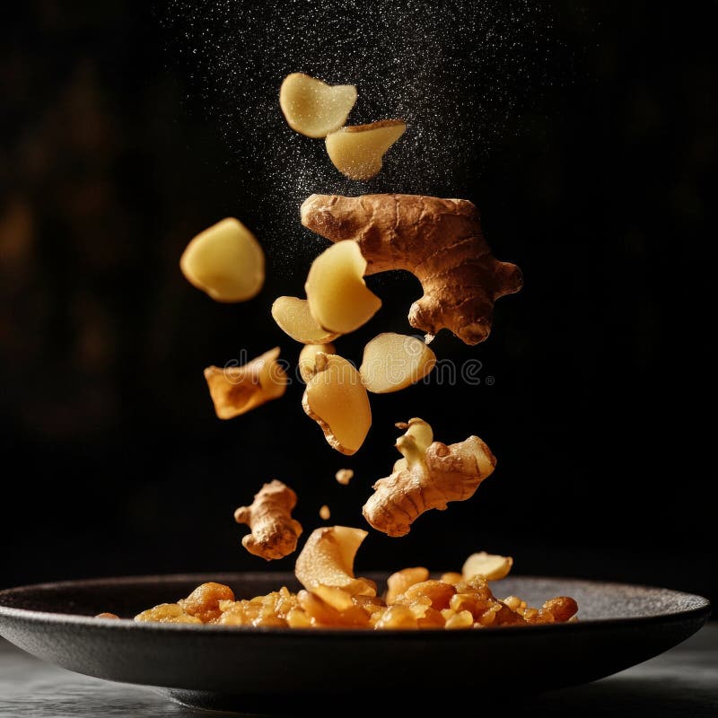 Floating Ginger Pieces Over Dark Background in Dramatic Light and ...