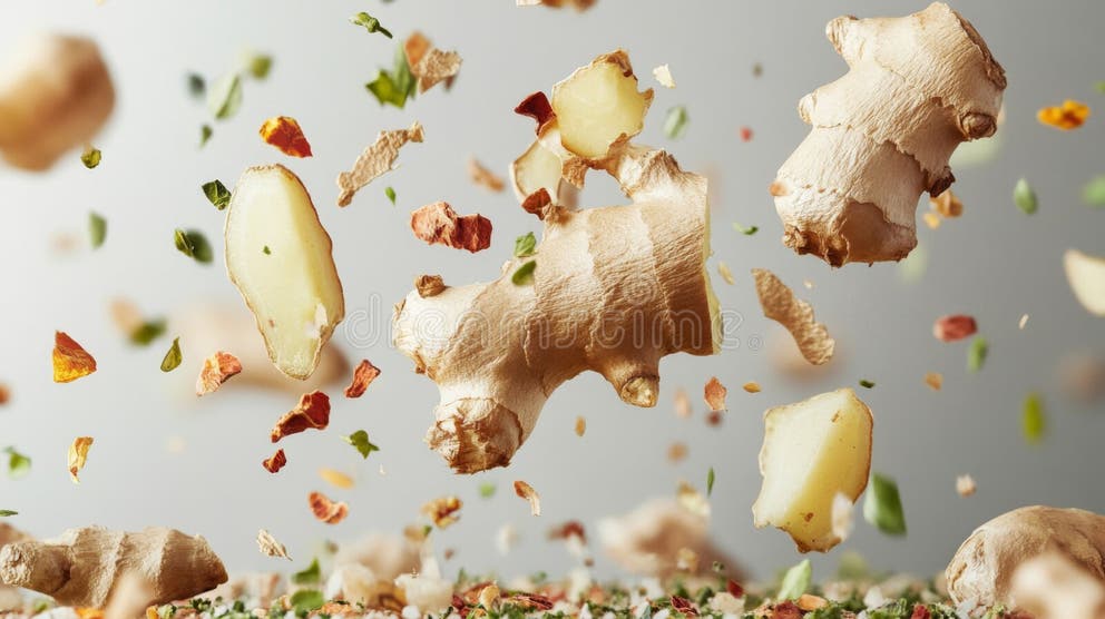 Floating Ginger Pieces and Spices Stock Illustration - Illustration of ...