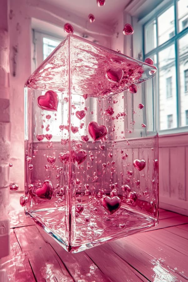 Floating Glass Cube Filled with Heart-shaped Bubbles in a Minimalist ...
