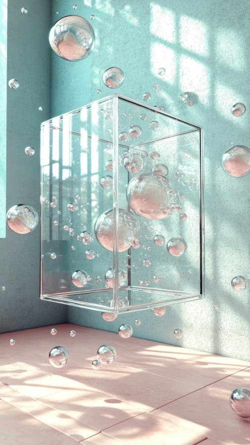 Floating Glass Cube with Heart-shaped Bubbles in a Minimalist Pink and ...