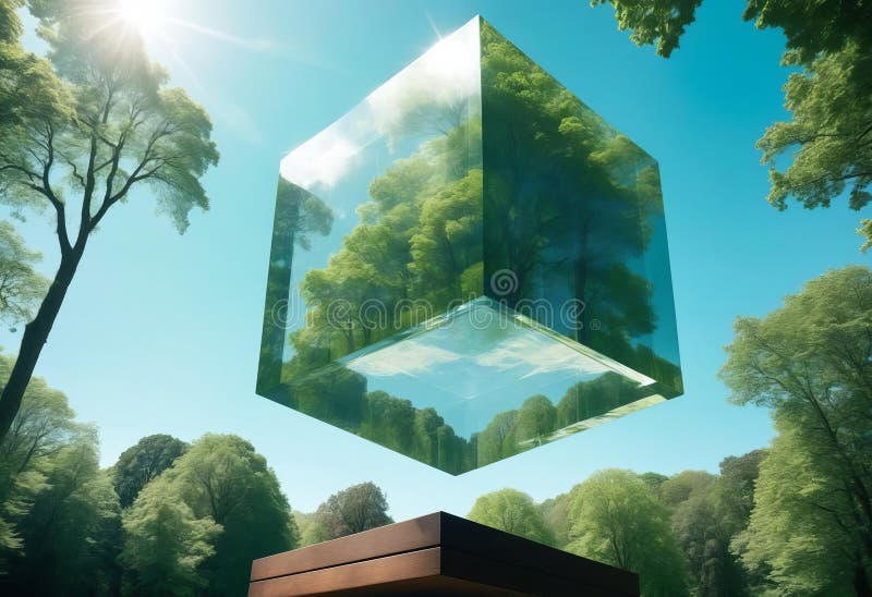 The Floating Glass Cube in Nature S Embrace Stock Illustration ...
