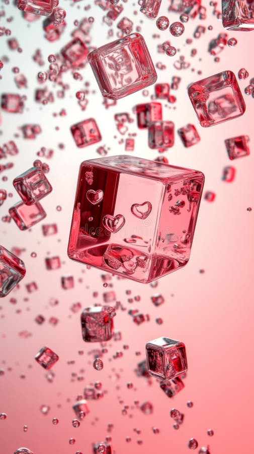 Floating Glass Cube Surrounded by Heart-shaped Bubbles in a Minimalist ...