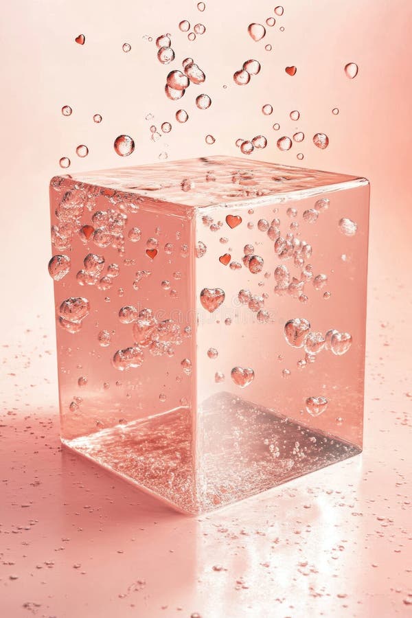 Floating Glass Cube Surrounded by Heart-shaped Bubbles on a Softly ...