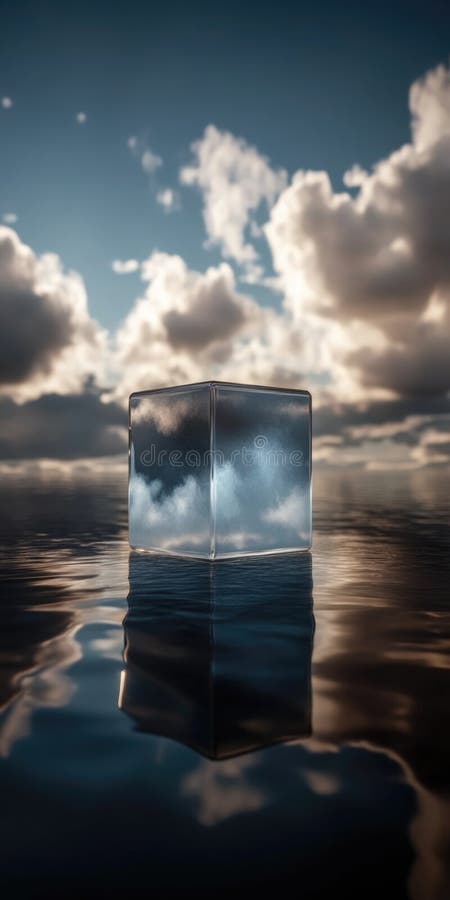 Floating Glass Cube on Tranquil Ocean with Cloud Reflections Under ...
