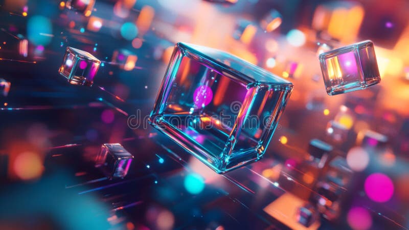 Floating Glass Cubes with Neon Lights and Blurred Background Stock ...