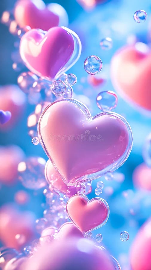 Floating Glass Hearts Create a Whimsical and Romantic Atmosphere in a Soft Pastel Background ...